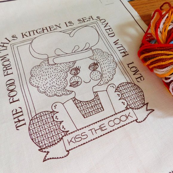 The Creative Circle | Office | Vtg Kiss The Cook Cute Crewel Embroidery ...